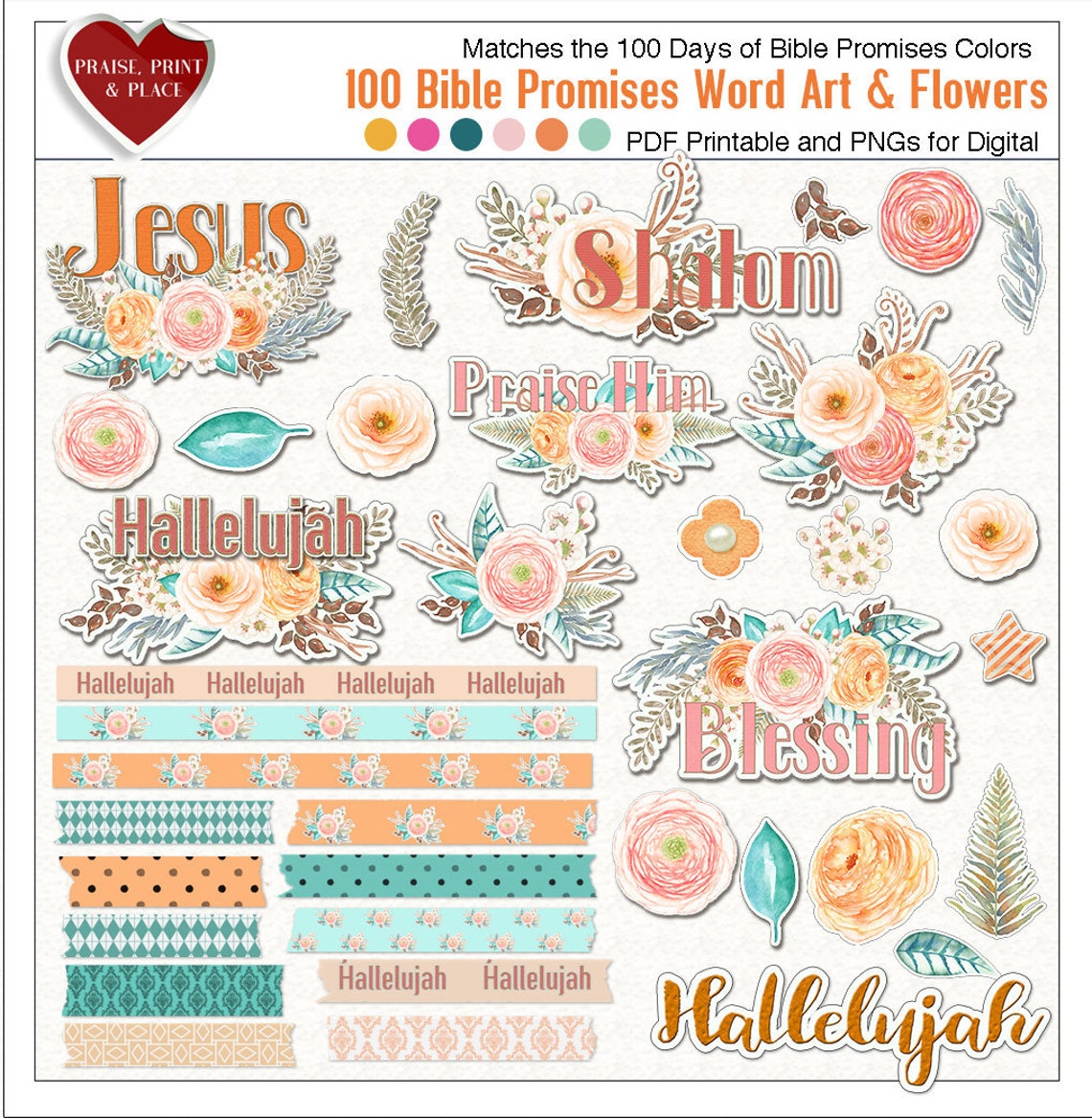 100 Promises Chip Board Word Art and Flowers Both Digital PNG ...