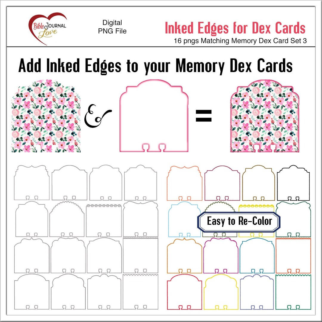 Inked Edges for Digital Memory Dex Cards, 16 Easy to Recolor PNG Files ...
