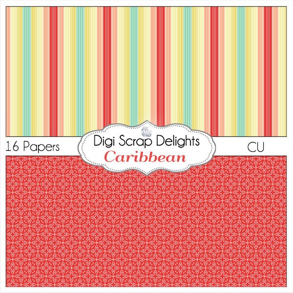 Caribbean Digital Scrapbook Paper in Tropical Red, Coral, Sand and ...