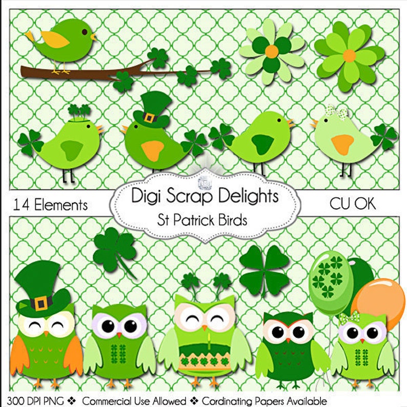 St Patrick Bird Party Digital Scrapbooking Elements (gren Clip Art ...