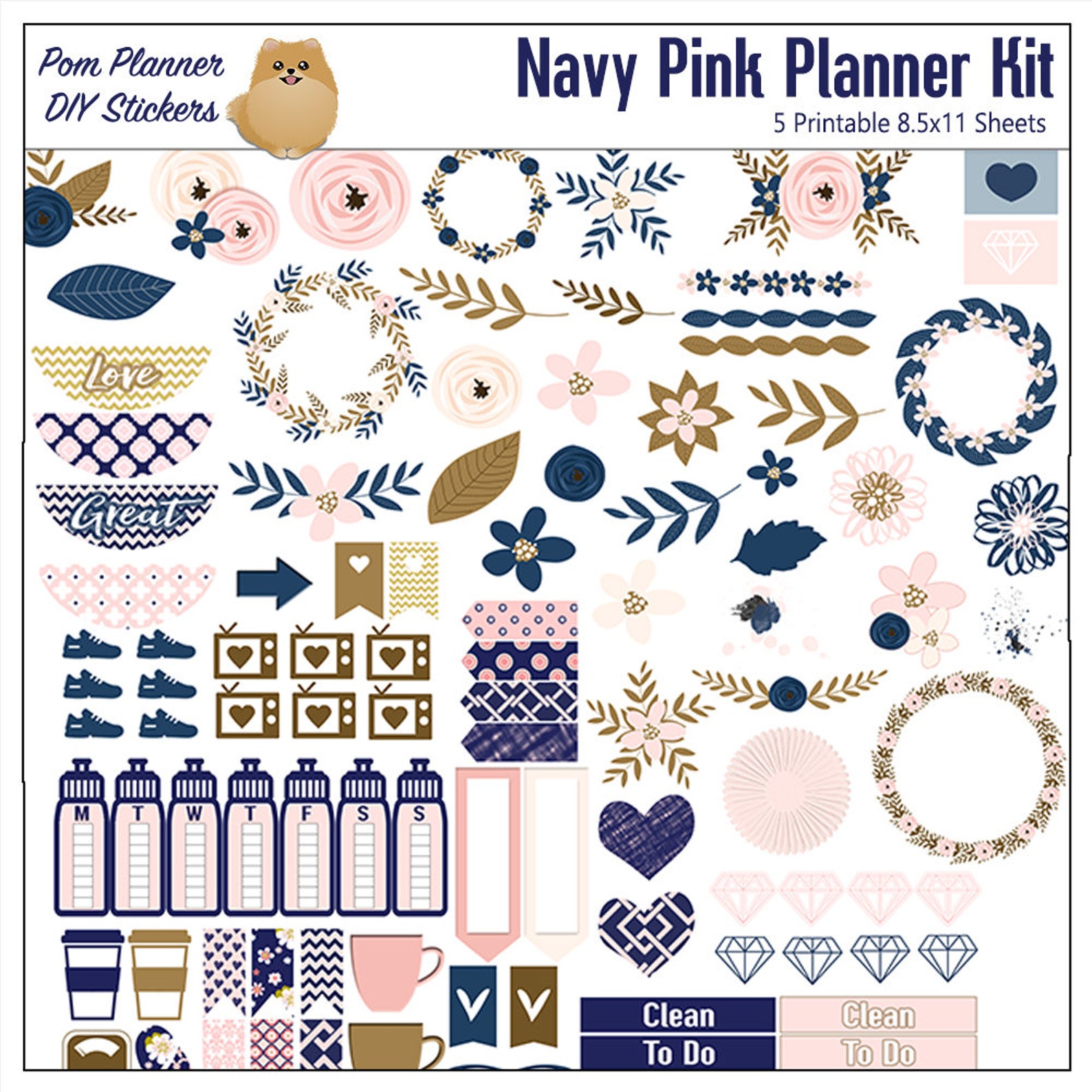 Navy Pink Planner Kit Printable Stickers / 5 Pdf Clip Art - Etsy