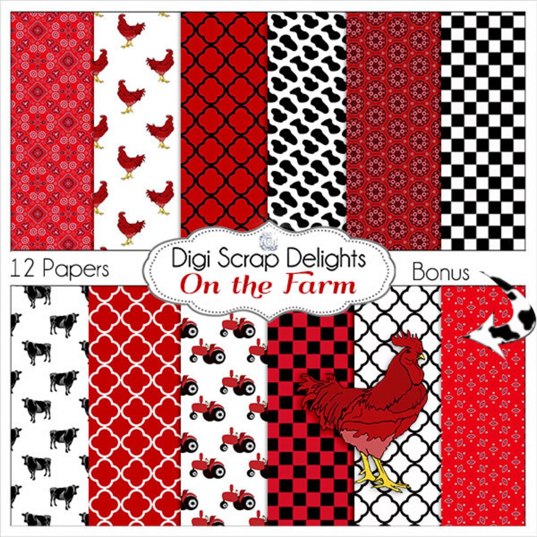 SALE 1.75 on the Farm Digital Papers W Cows, Tractor, Roosters Red ...