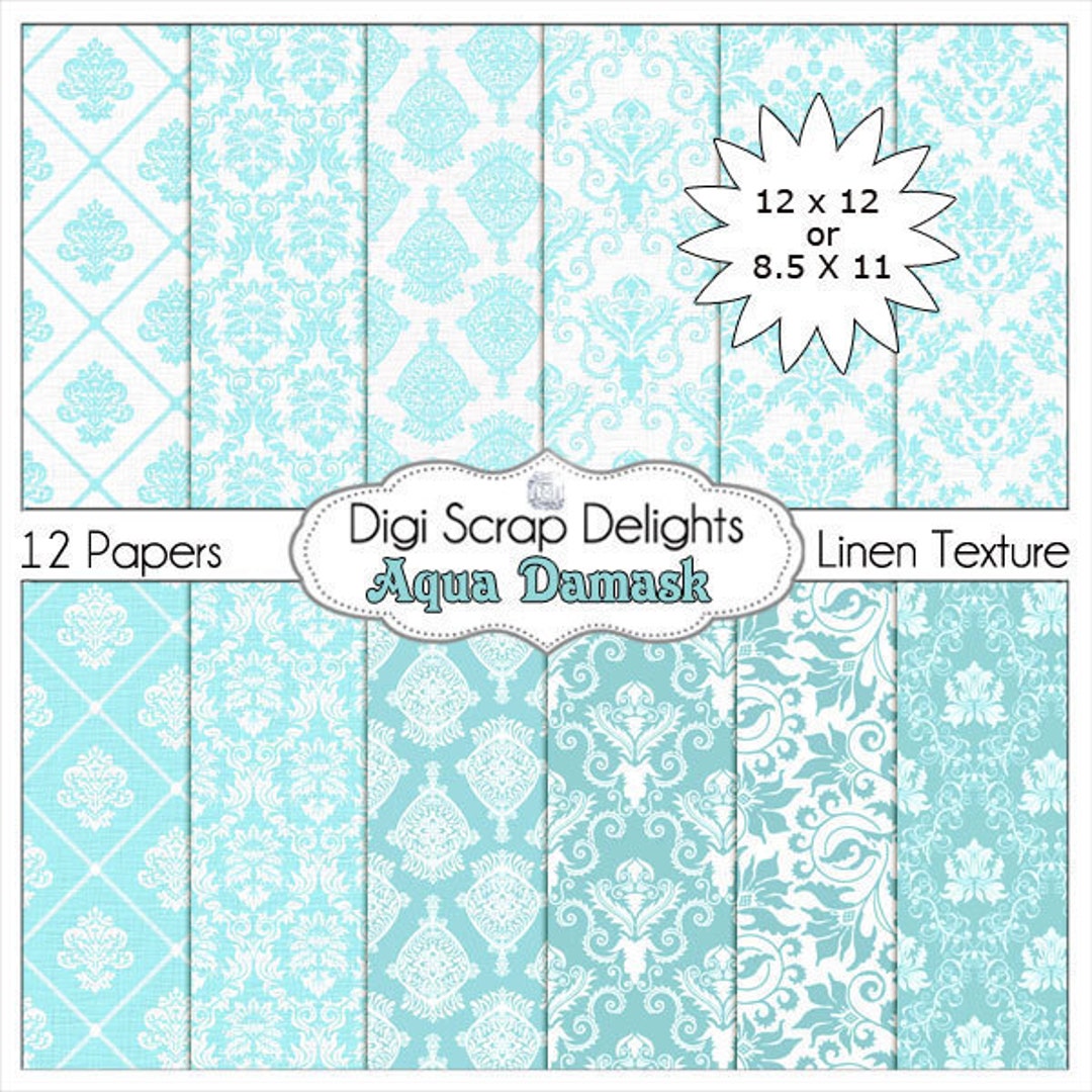 Damask Digital Papers in Aqua for Photo Backdrops, Paper Crafts, and ...