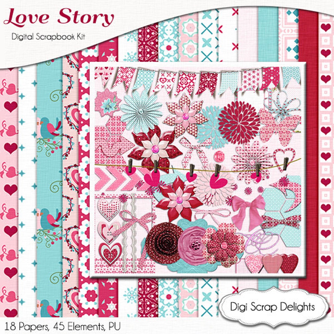 Valentine Digital Scrapbooking Kit in Pink & Blue - Etsy