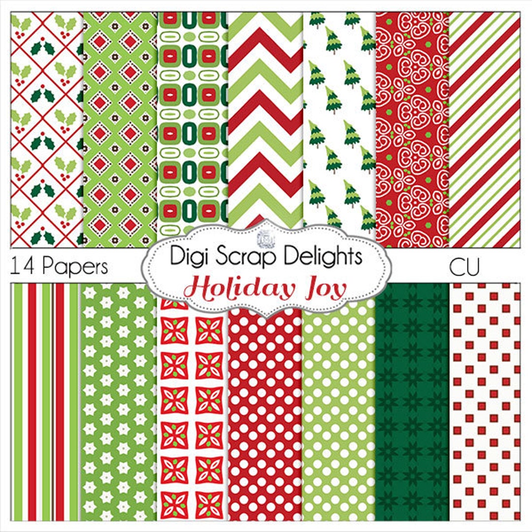 Christmas Papers Holiday Joy, Red and Green Digital Scrapbooking Paper ...