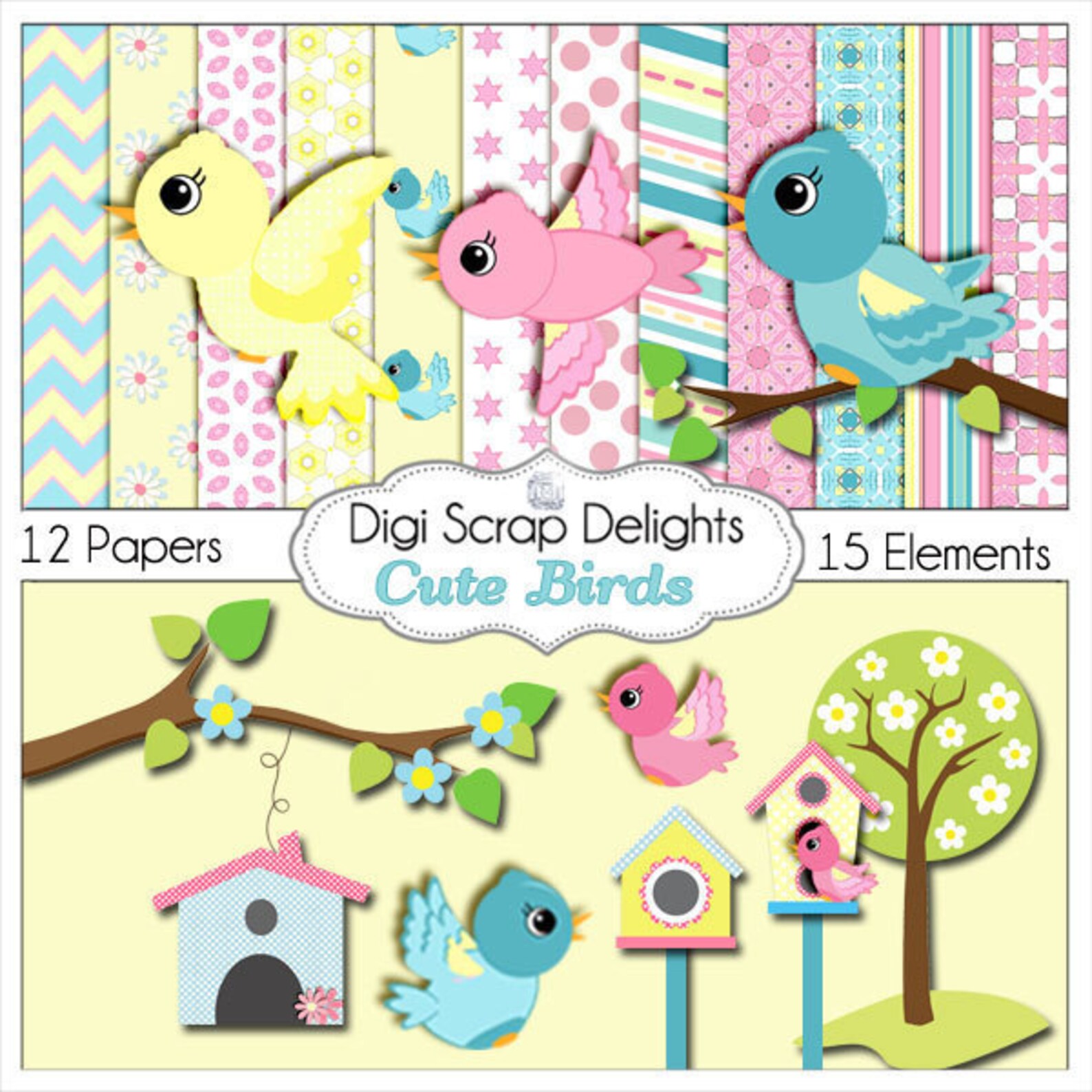 Cute Birds Clip Art Scrapbook Kit for Card Making, Webdesign, Crafts ...