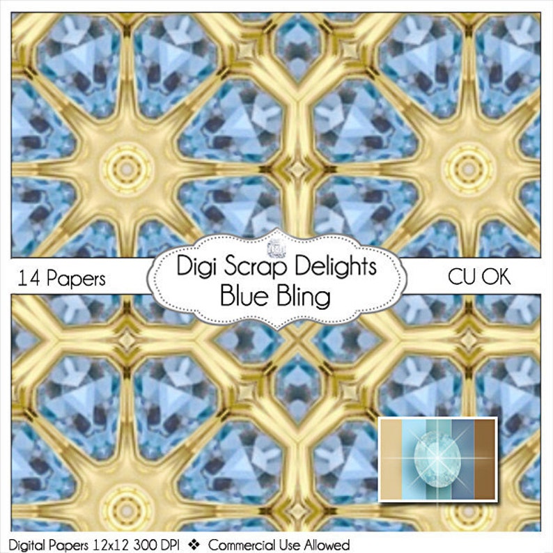SALE 1.75 Blue Bling Scrapbook Paper in Aquamarine Blue & Gold - Etsy