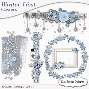 Winter Frost Digital Scrapbook Bundle Blue Papers & 100+ Elements for ...
