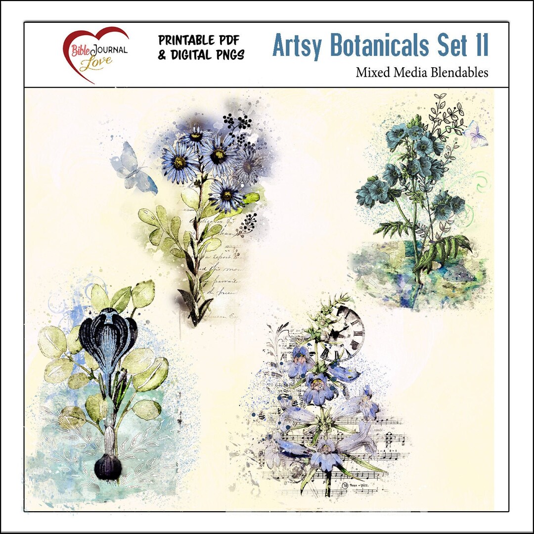 Artsy Botanical Blendable Transfers Set 11 Blue Flowers, Herbs, Paint ...