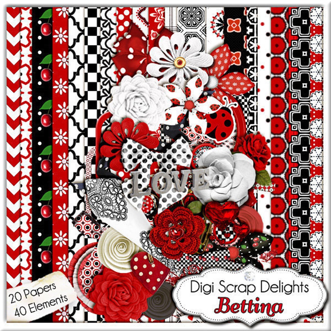 Ladybug Scrapbook Kit: Red, Black, and White Flowers (digital Download ...