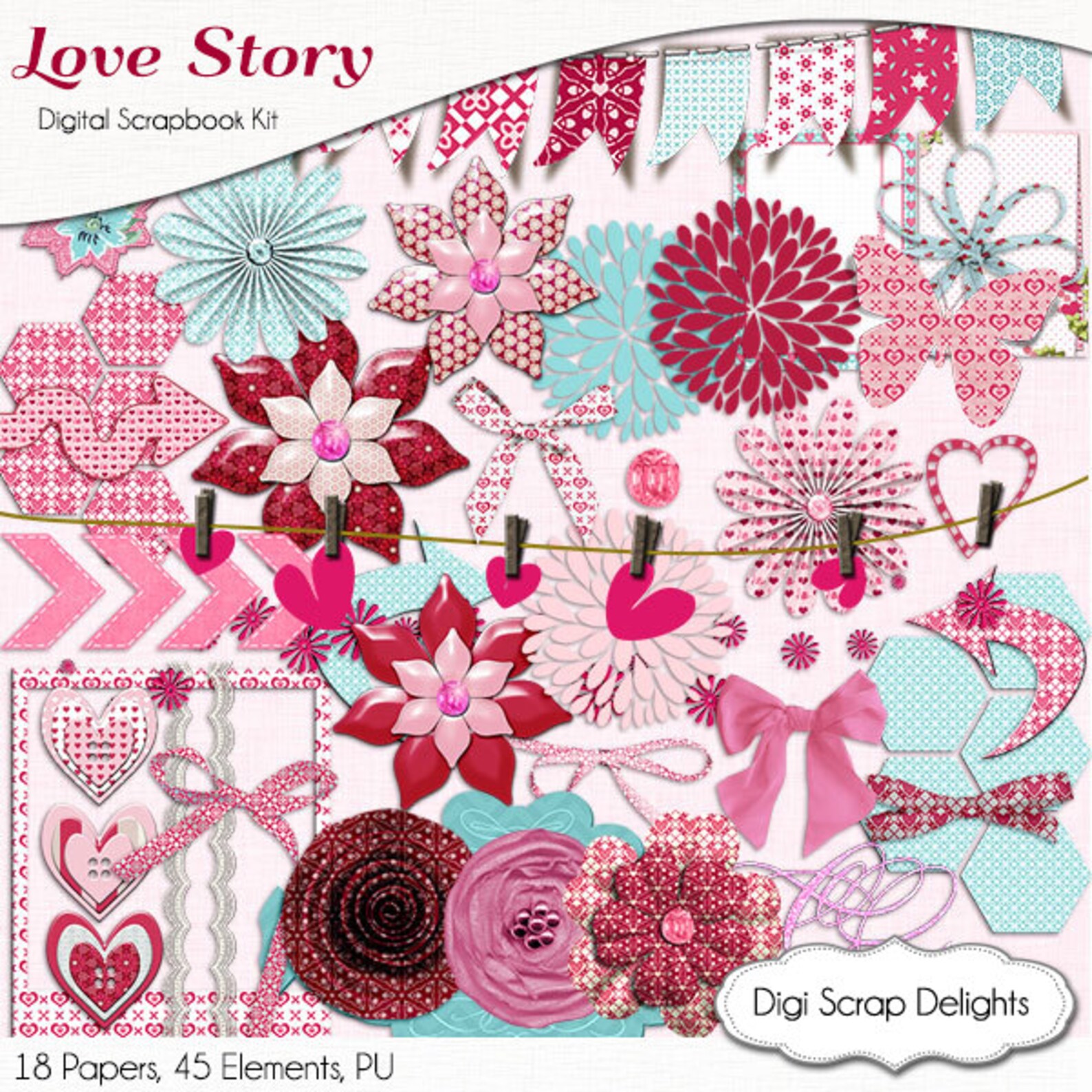 Valentine Digital Scrapbooking Kit in Pink & Blue - Etsy