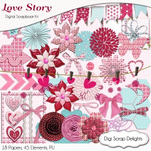 Valentine Digital Scrapbooking Kit in Pink & Blue - Etsy