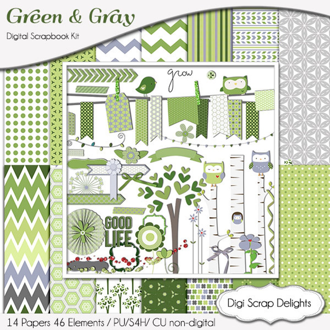 Green & Gray Digital Scrapbook Kit for Scrapbooking, Card Making, Owls ...