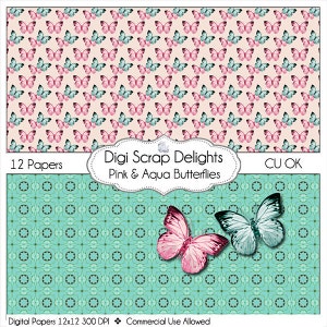 SALE 1.75 Pink & Aqua Butterflies Digital Scrapbook Paper for ...