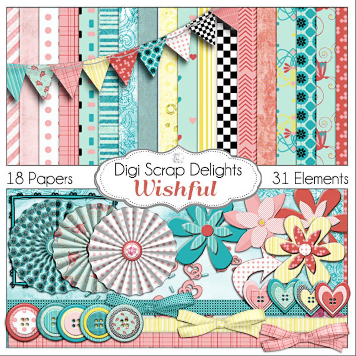 Wishful Digital Scrapbook Kit in Lovely Turquoise Blue Pink & - Etsy