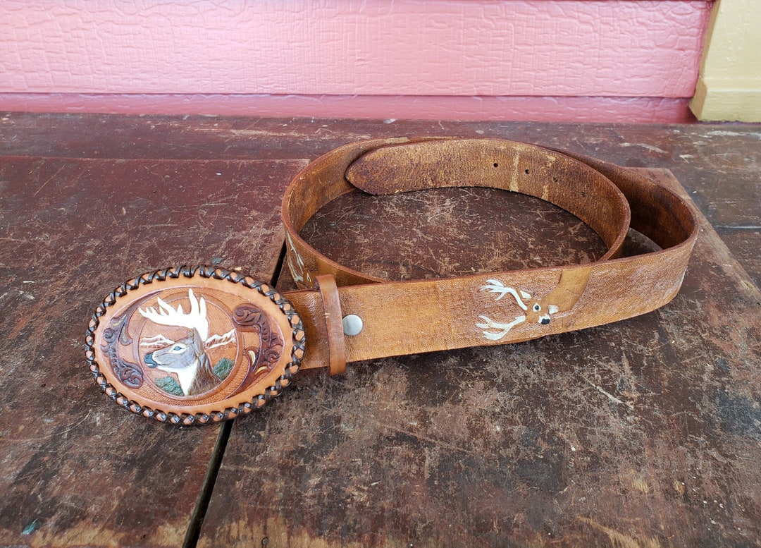 Tooled Leather Belt With Matching Leather Buckle Deer Buck Antlers ...