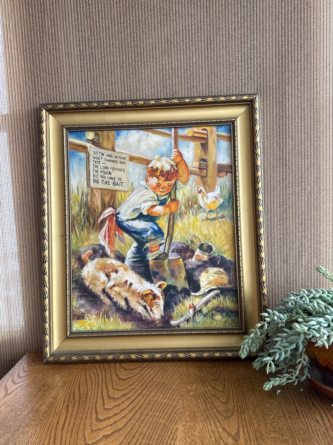 Vintage Framed Canvas Painting: Boy & Dog Digging Worms, Gold Frame - Etsy
