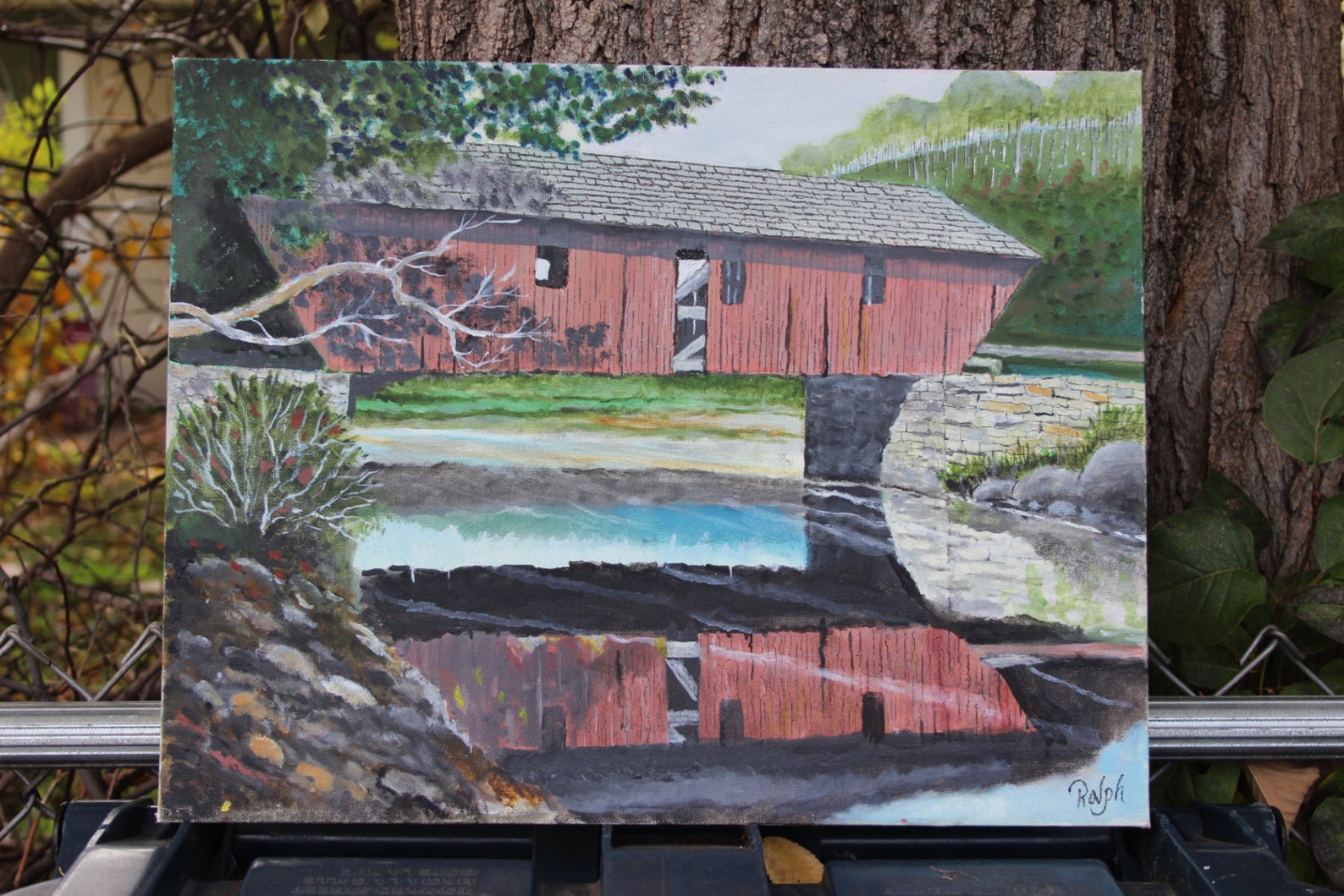 Ralph Artist Signed Oil Painting Covered Bridge Water | Etsy