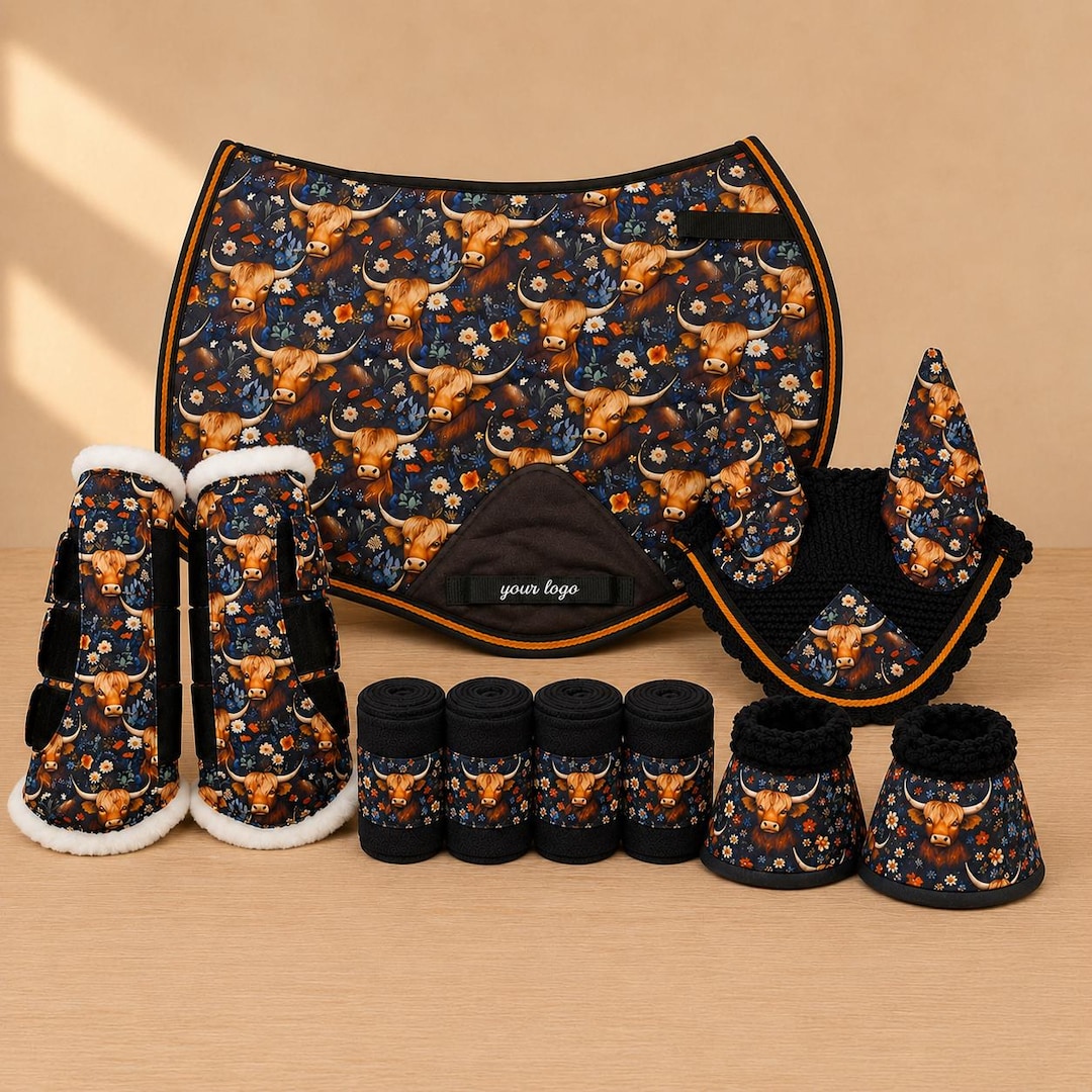 Highland Cow Print Equestrian Set, Horse Jumping Saddle Pad, Fly Veil ...
