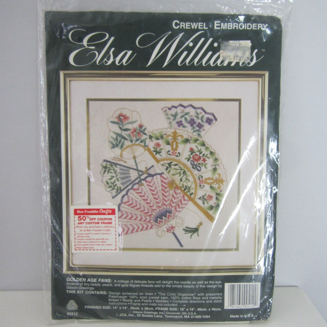 New Elsa Williams Golden Age Fans Crewel Embroidery Kit 0412 Linen Rare ...