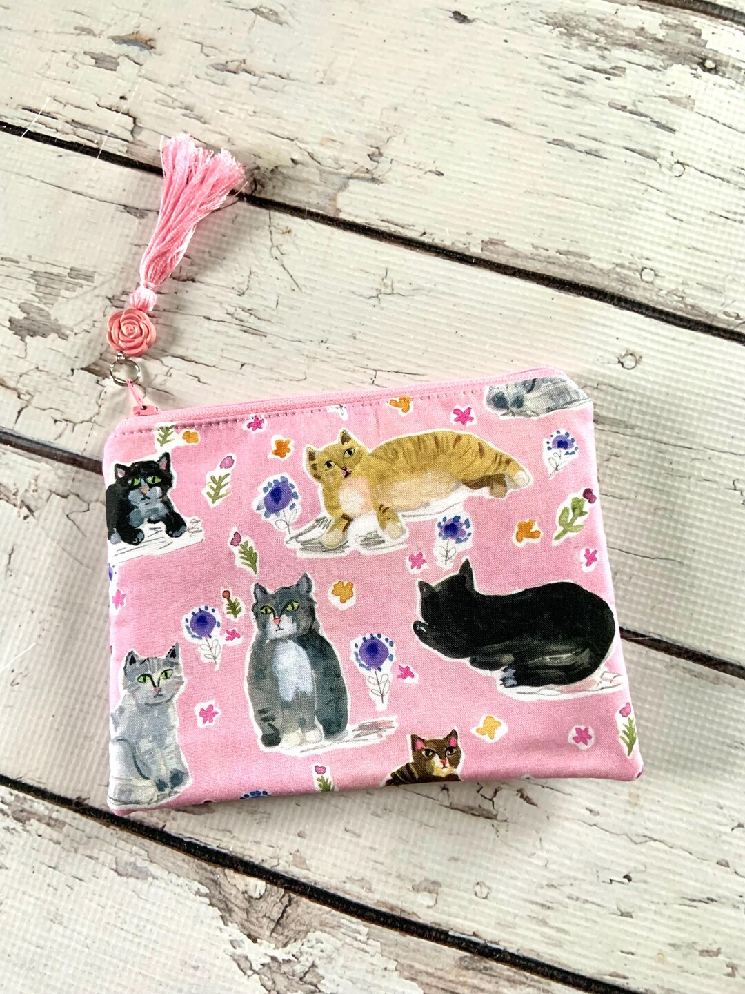 Cute Cats Fabric Zipper Bag/ Vintage Style/ Credit Card Case/ Handmade ...
