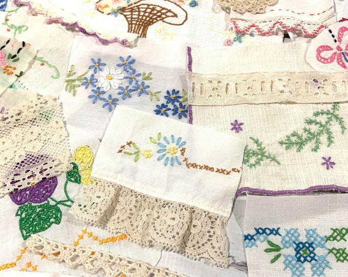 Vintage Embroidery Scrap Pack, Lace and Trims, Snippets, Slow Stitching ...