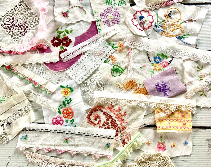 Vintage Embroidery Scrap Pack, Lace and Trims, Snippets, Slow Stitching ...