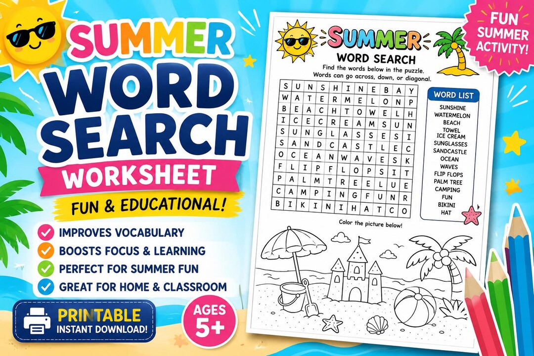 Summer Word Search Worksheet for Kids | Printable Coloring Activity - Etsy