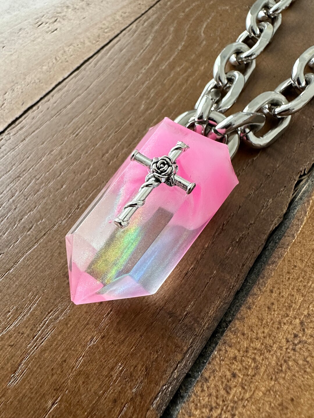 Resin Crystal Point Blushing Rose Silver Necklace on A Chunky Chain - Etsy