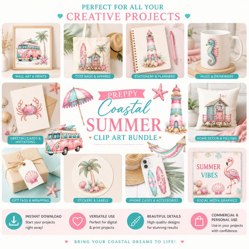 Preppy Coastal Summer Clip Art Bundle, Pastel Beach Watercolor Graphics ...