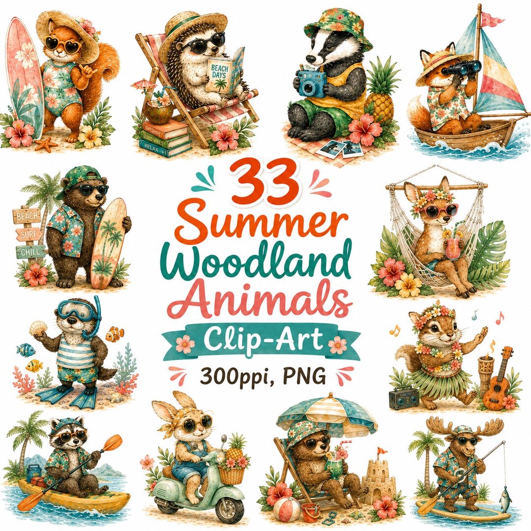 Summer Woodland Animals Clip Art, Tropical Beach Watercolor PNG ...