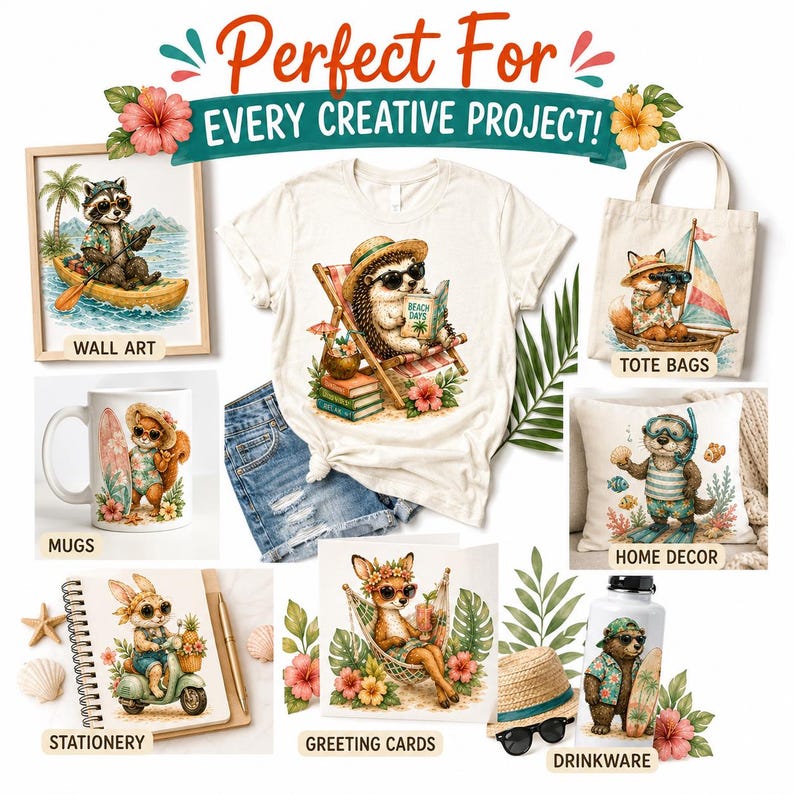 Summer Woodland Animals Clip Art, Tropical Beach Watercolor PNG ...