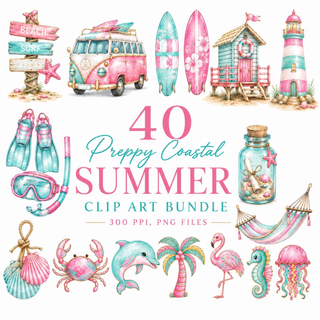 Preppy Coastal Summer Clip Art Bundle, Pastel Beach Watercolor Graphics ...