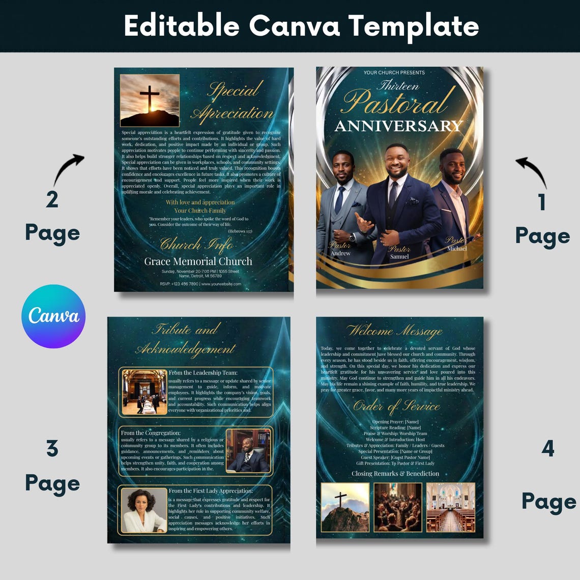 4 Page Pastoral Anniversary Program Template, Appreciation, Luxury ...