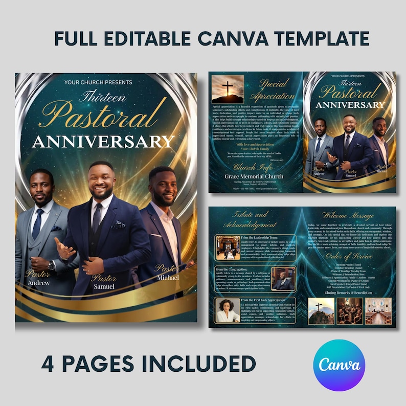4 Page Pastoral Anniversary Program Template, Appreciation, Luxury ...