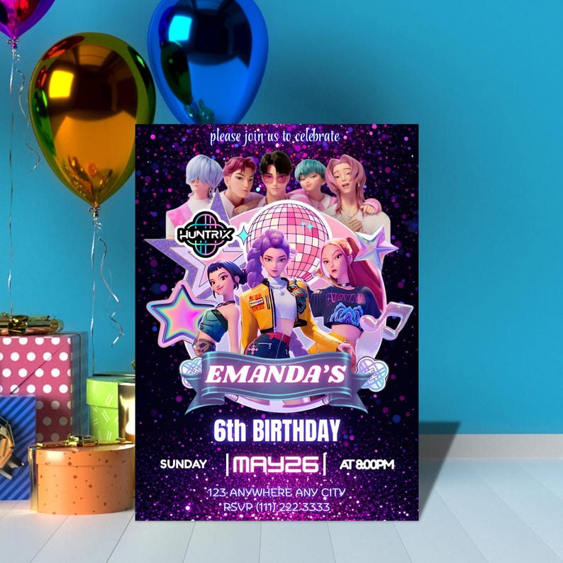 KPOP Demon Hunters Birthday Invitation, Neon Concert Party Invite ...