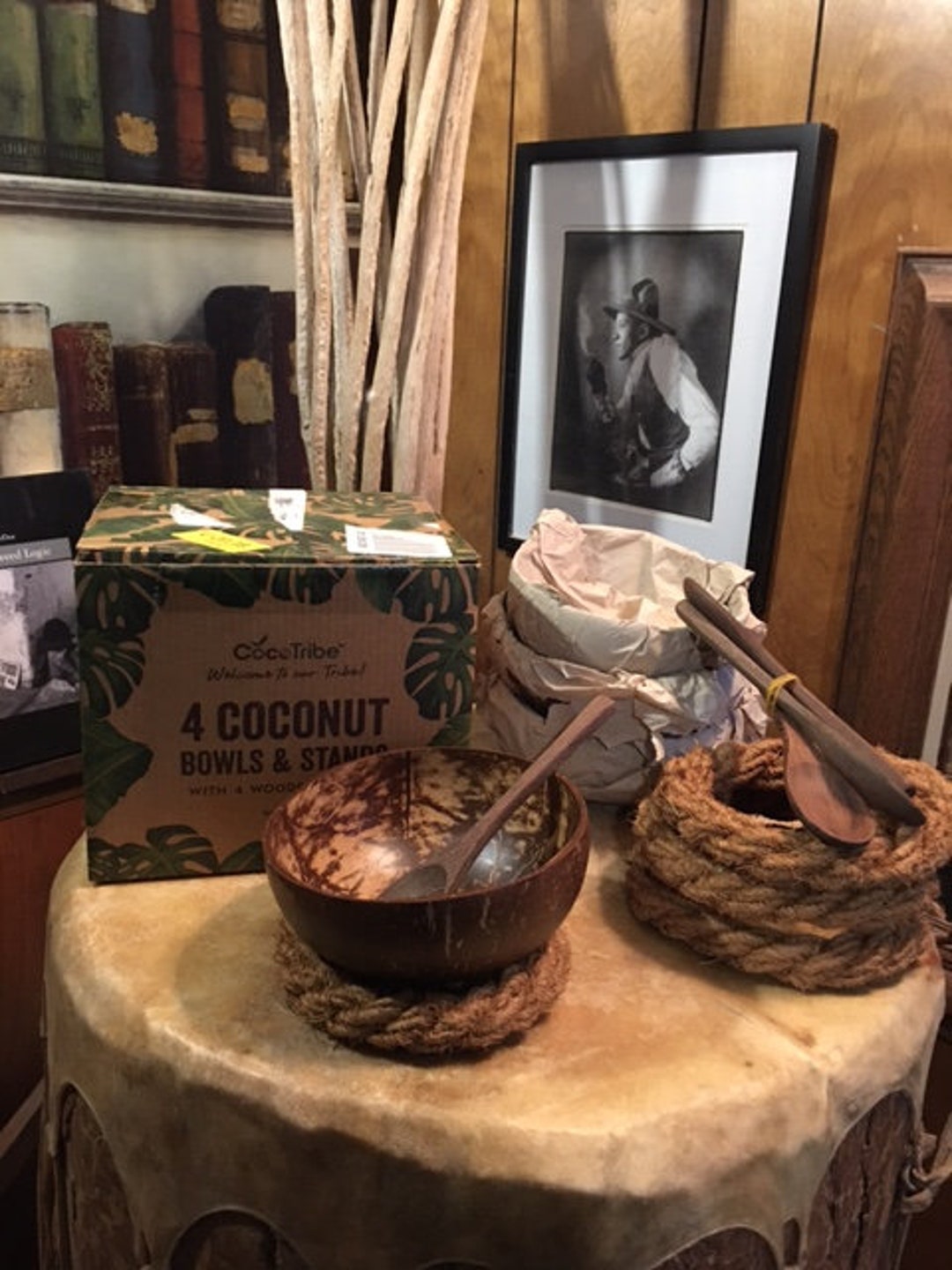 Coco Tribe Coconut Shell Bowls, Wooden Spoons & Twisted Rope Stands - Etsy