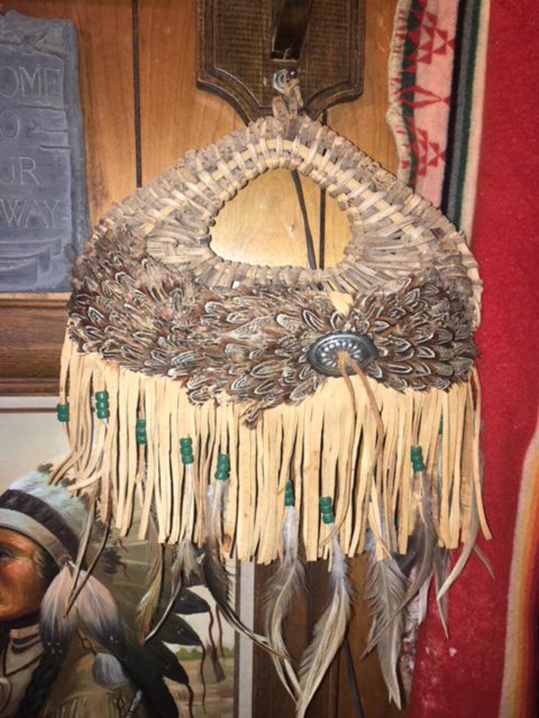 Vintage Handmade Branch Twig Deer Skin Beads & Feathers Wall Pocket ...
