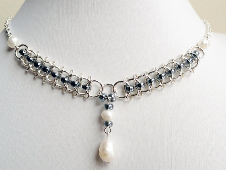 Chainmaille Necklace Pearl Necklace Medieval Necklace Gothic Necklace ...