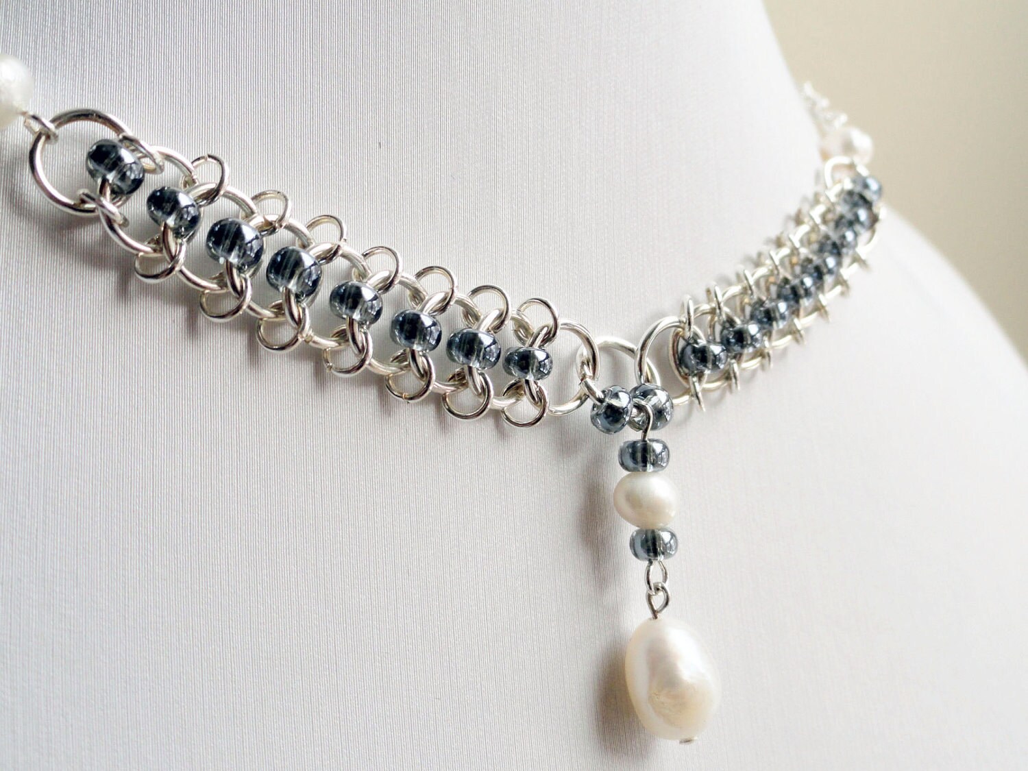 Chainmaille Necklace Pearl Necklace Medieval Necklace Gothic Necklace ...