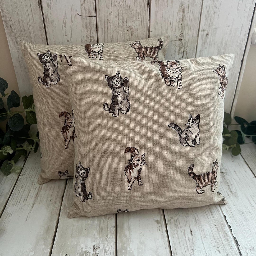 Pair of Square Mini Cushions in Cat Cotton Rich Linen Fabric - Home ...