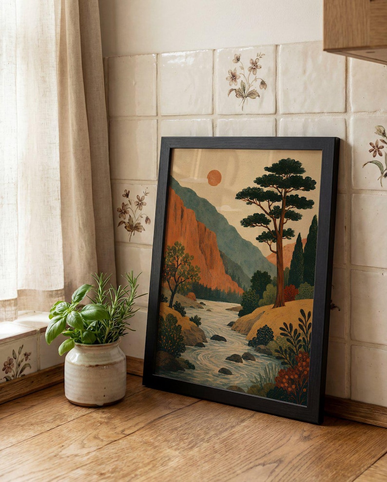 Landscape Poster, Nature Art Print, River Illustration, Mountain Wall ...