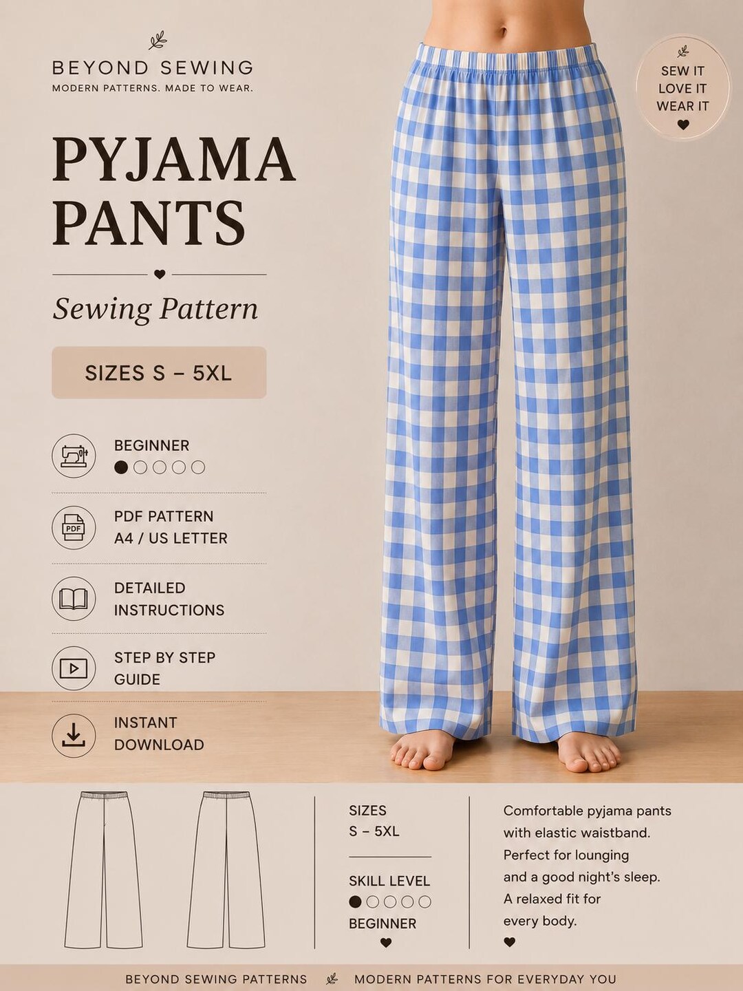 Flannel Pajama Pants Easy Sewing Pattern PDF, Cozy Sleepwear Pattern ...
