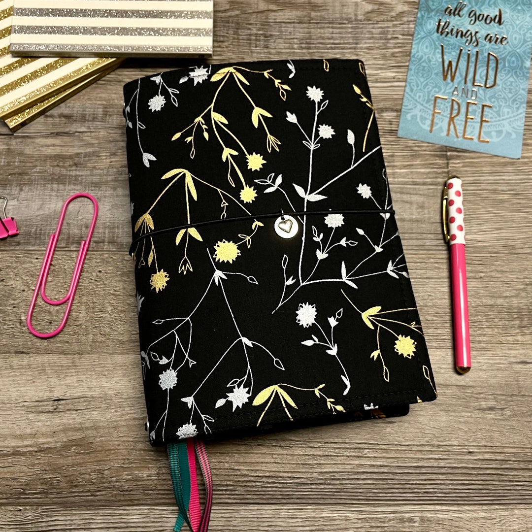 Refillable A5 Travelers Notebook Cover, Black Silver and Gold Fauxdori ...