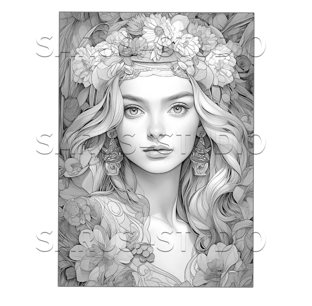 Premium Coloring Page, Grayscale Coloring Page, Printable Adult Women ...