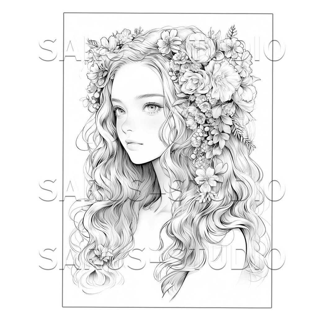 Premium Coloring Page, Grayscale Coloring Page, Printable Adult Women ...