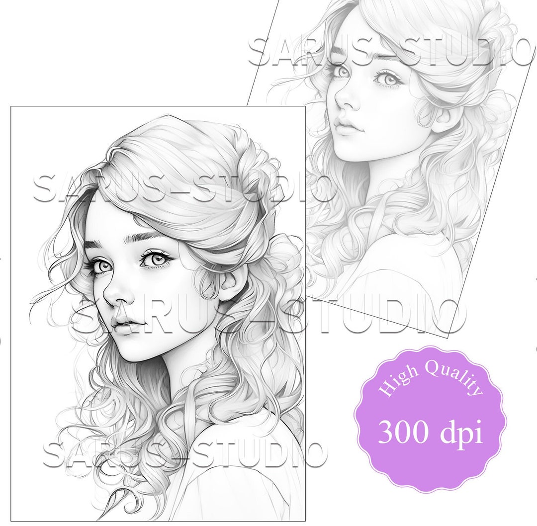 Premium Coloring Page, Grayscale Coloring Page, Printable Adult Women ...