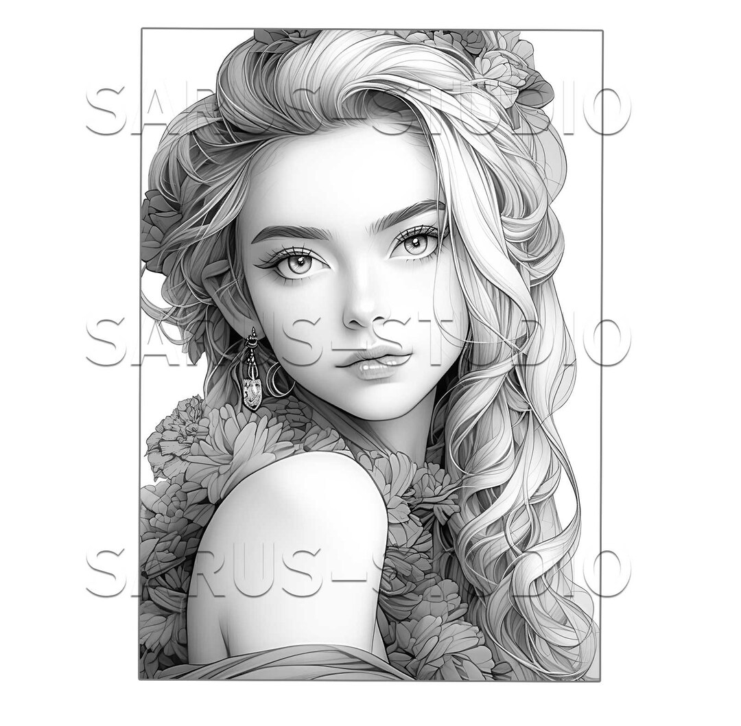 Premium Coloring Page, Grayscale Coloring Page, Printable Adult Women ...