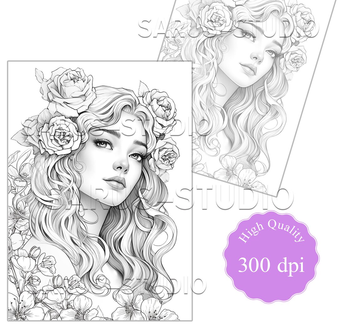 Premium Coloring Page, Grayscale Coloring Page, Printable Adult Women ...