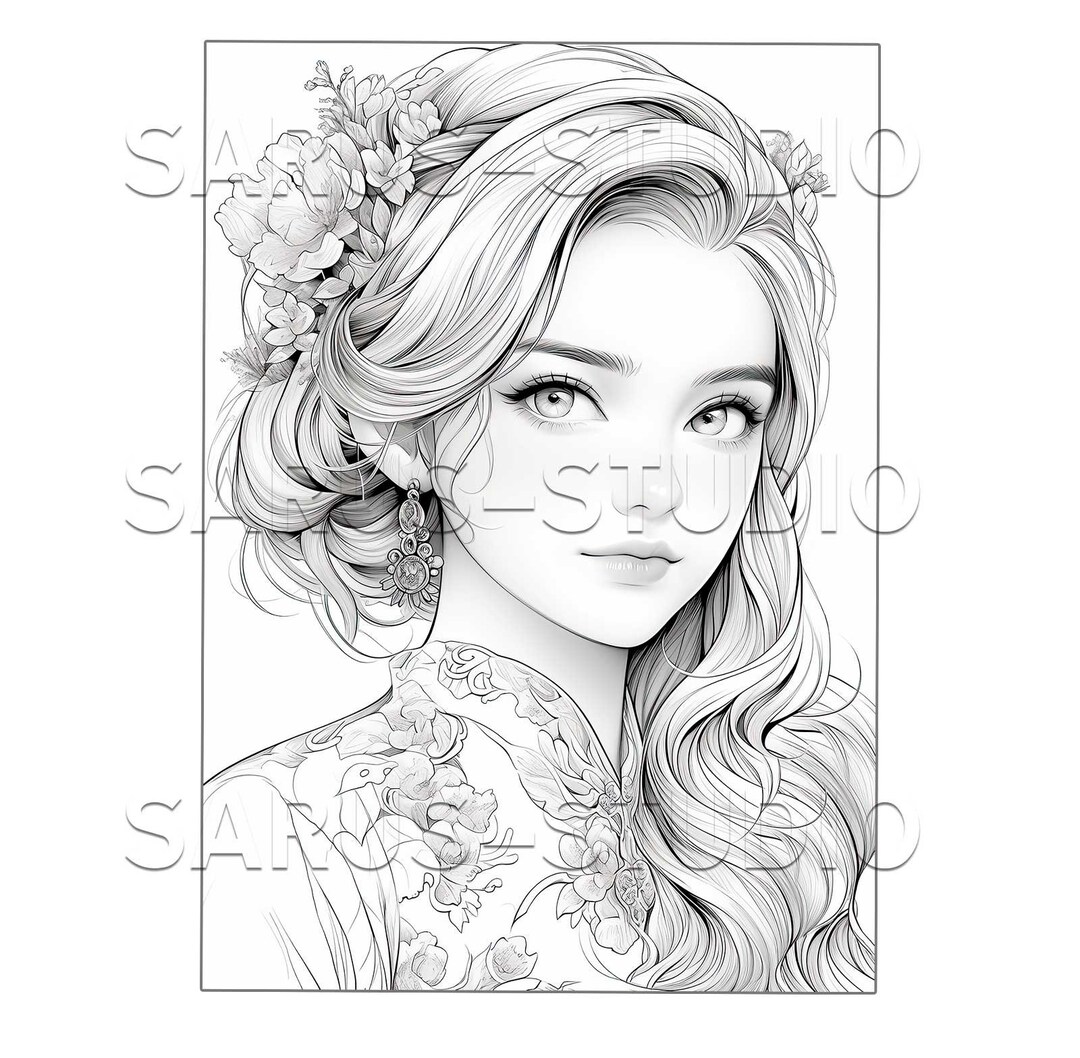 Premium Coloring Page, Grayscale Coloring Page, Printable Adult Women ...